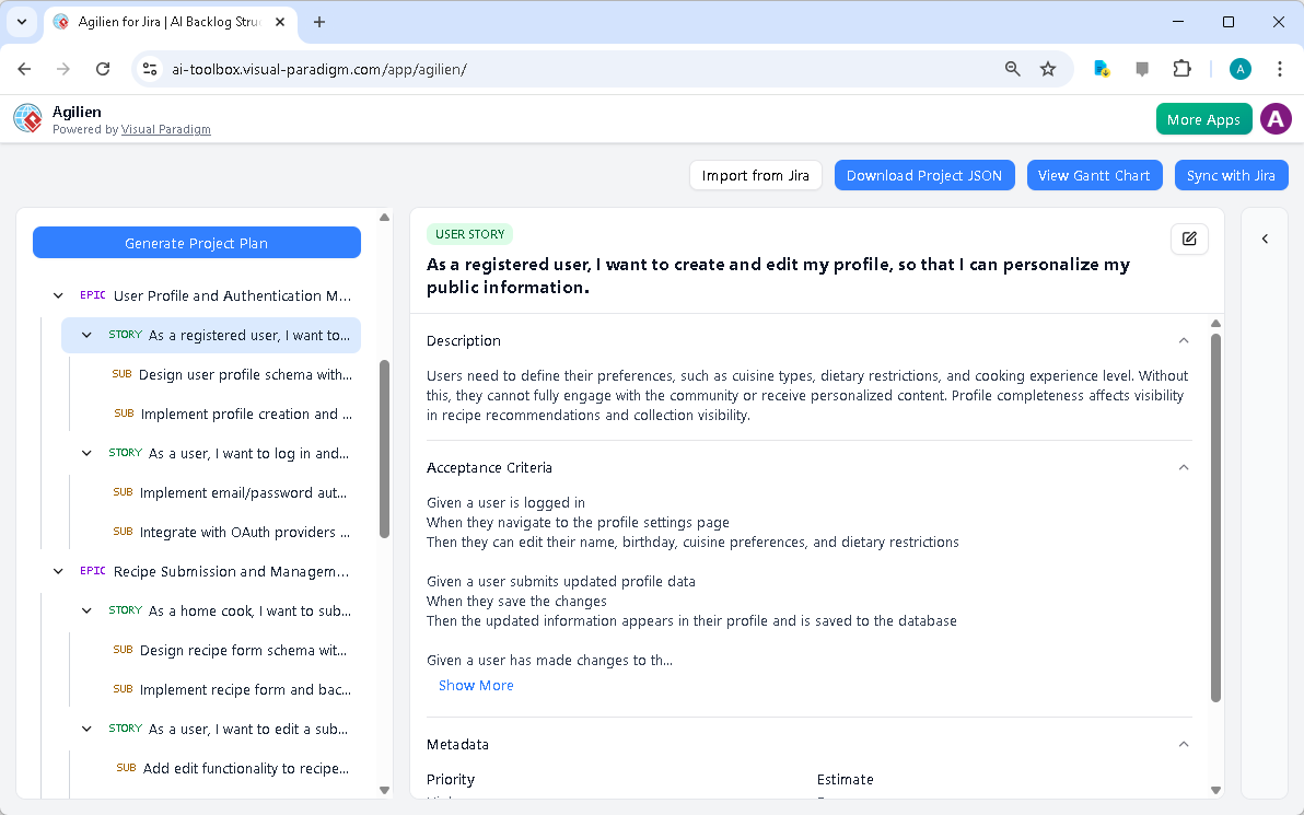 AI Product Backlog: Recipe Social Network Example | Visual Paradigm AI